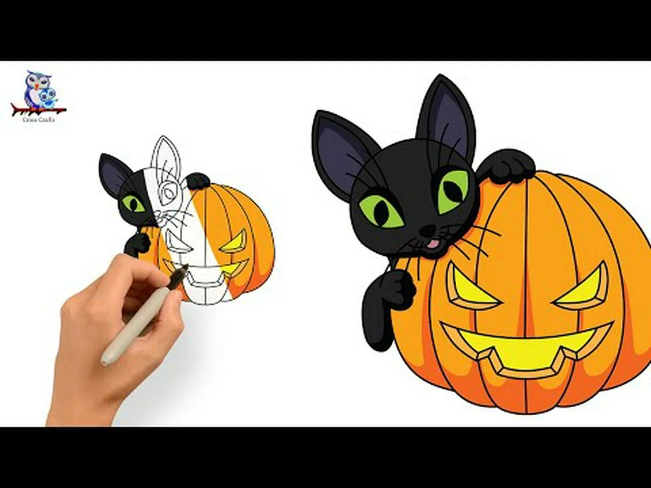 How to Draw Black cat and Pumpkin Halloween - Art Tutorial