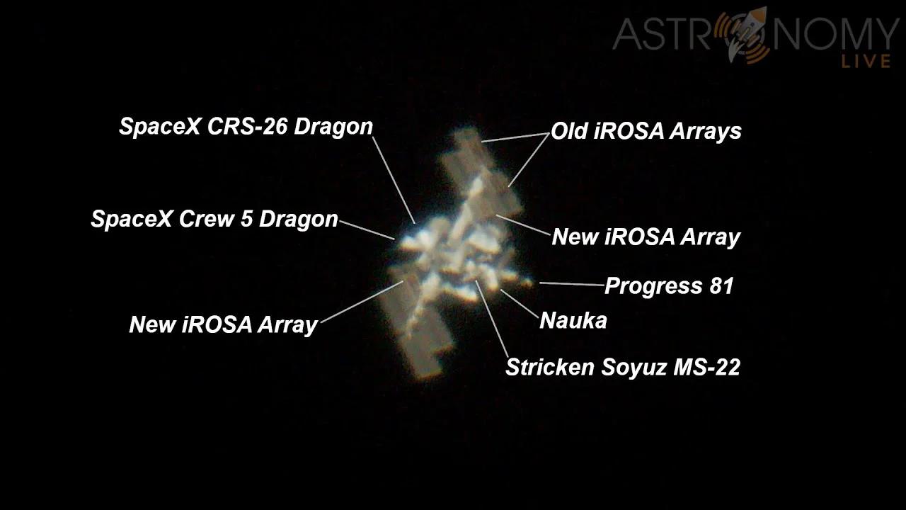 High Magnification Footage of ISS with SpaceX Crew-5, CRS-26 and Soyuz ...