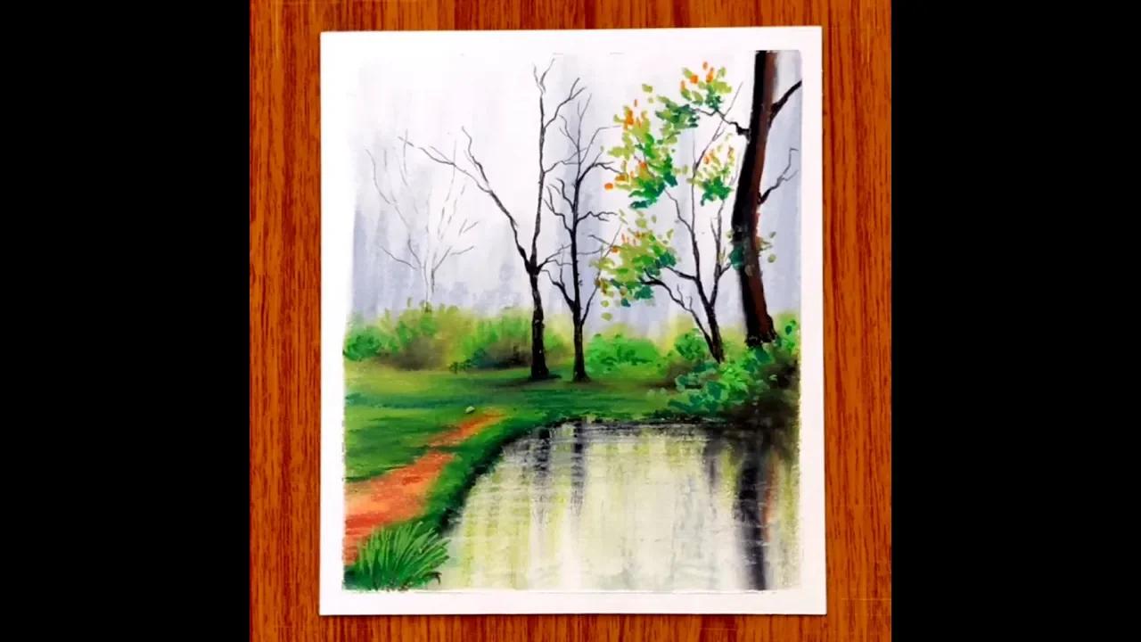 Natural scenery easy to draw with oil pastels I Easy drawing for beginners
