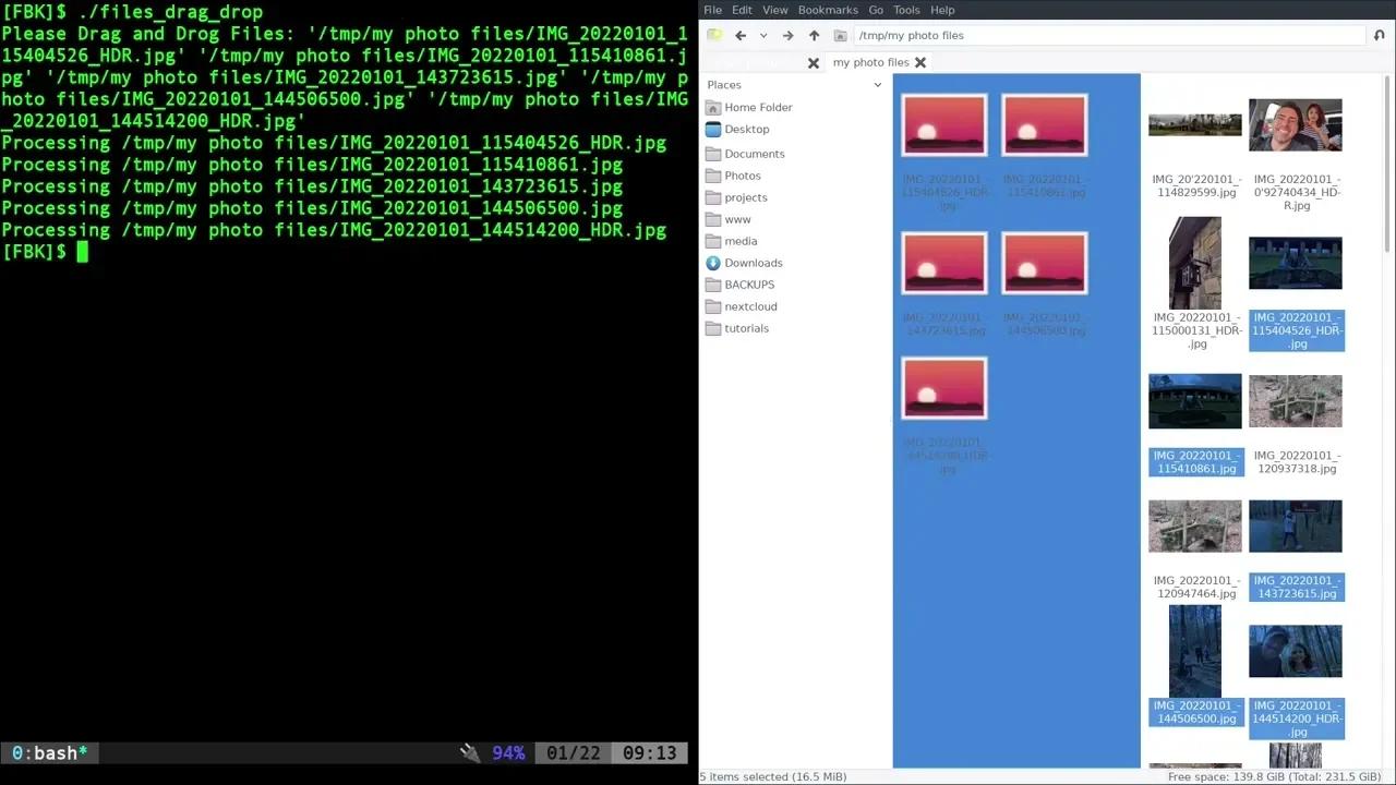 Drag and Drop files to a BASH Shell Script