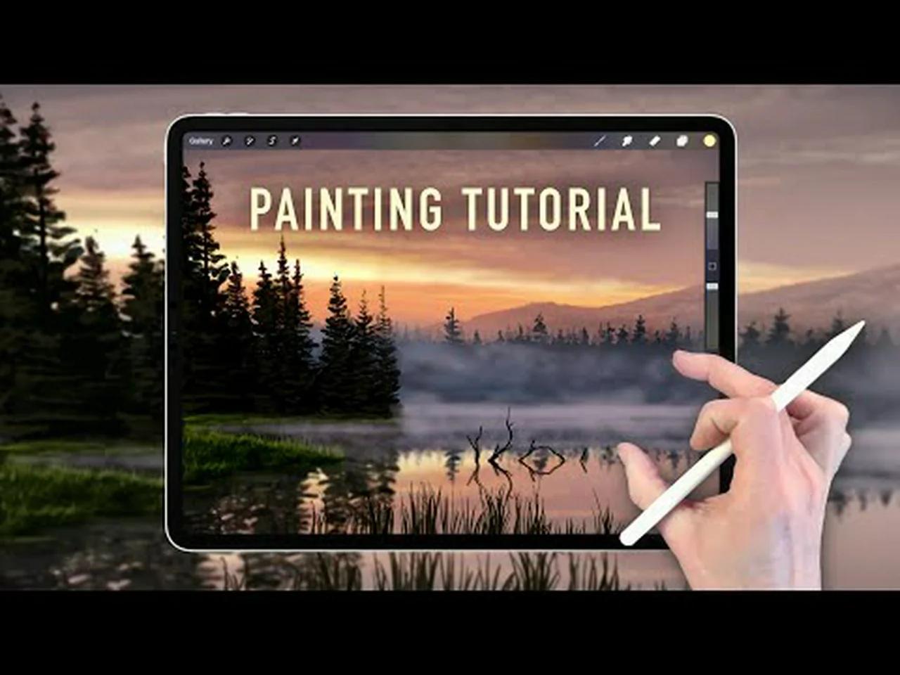 IPAD PAINTING TUTORIAL - Sunset Tree Lake landscape in Procreate