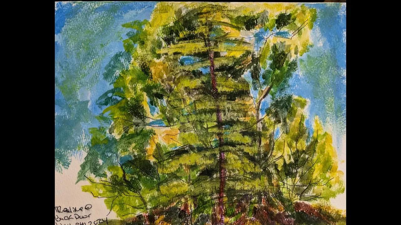 gouache painting trees from my backyard using crayons to sketch color ...