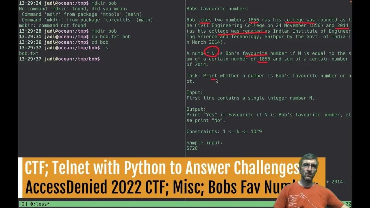 CTF For beginners: Telnet with Python to answer some questions about Bob's Favorite Number
