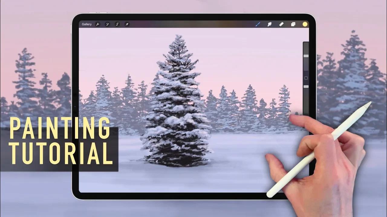 IPAD PAINTING TUTORIAL - Snow Tree Winter Landscape in Procreate