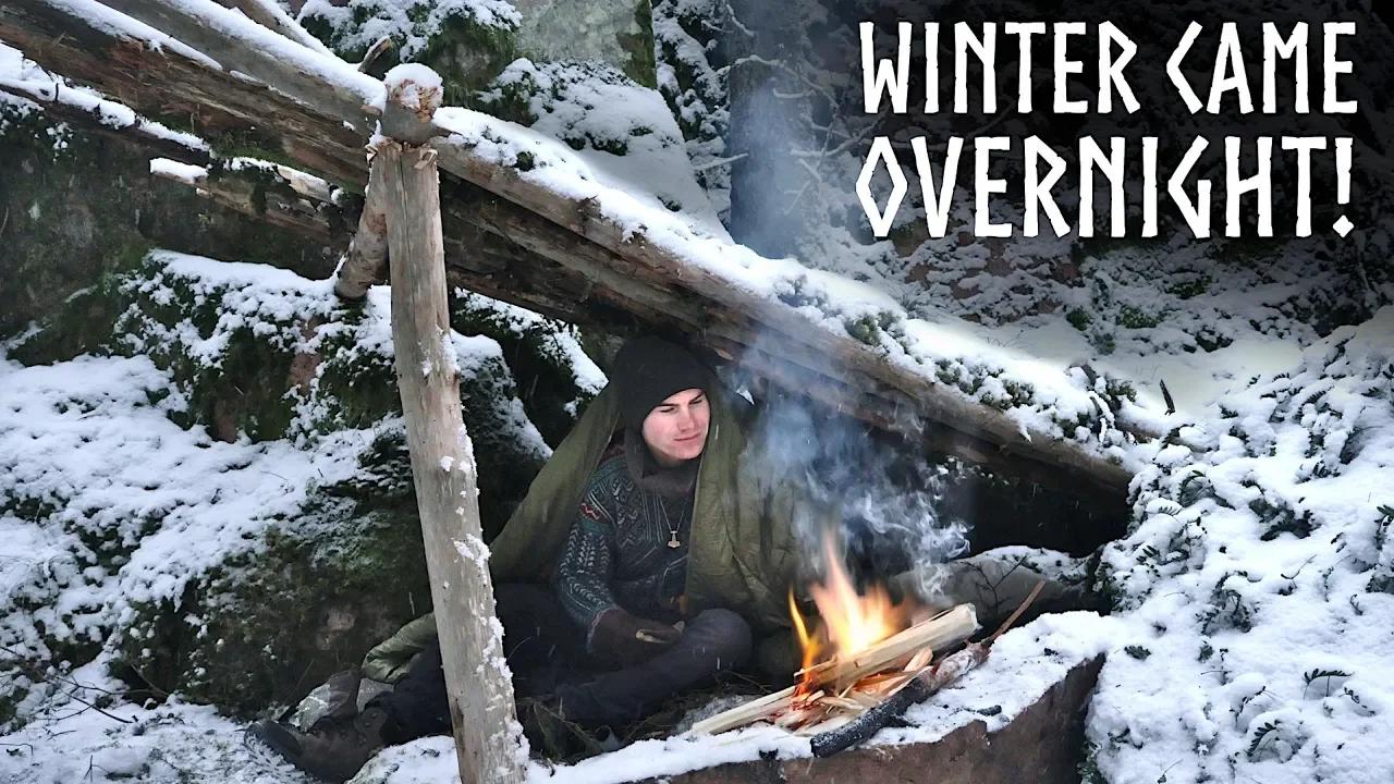 Autumn → SNOWY WINTER FOREST! Camping in a 100% Natural Bushcraft Shelter
