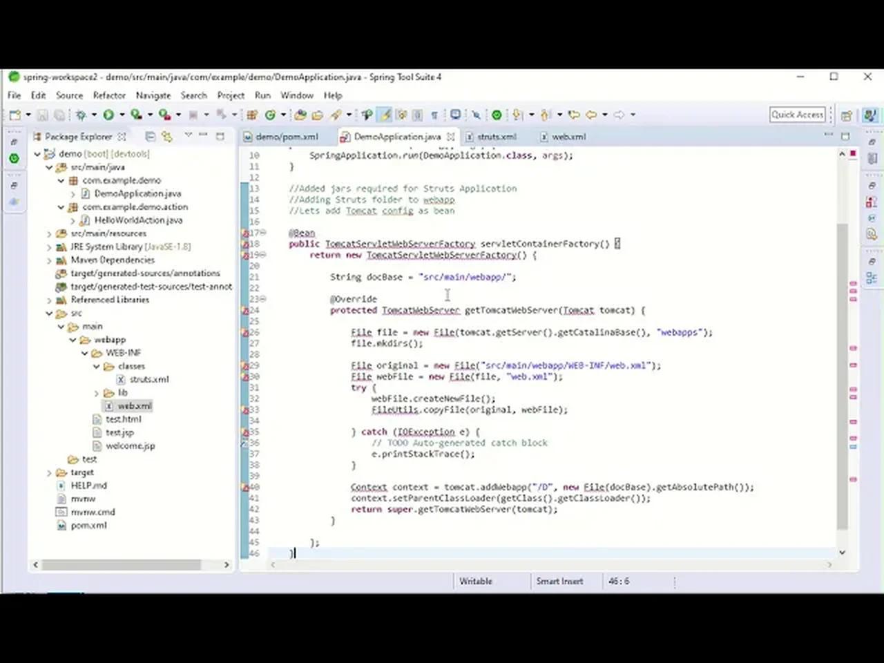 Struts 2 Application in Spring Boot with Web.xml