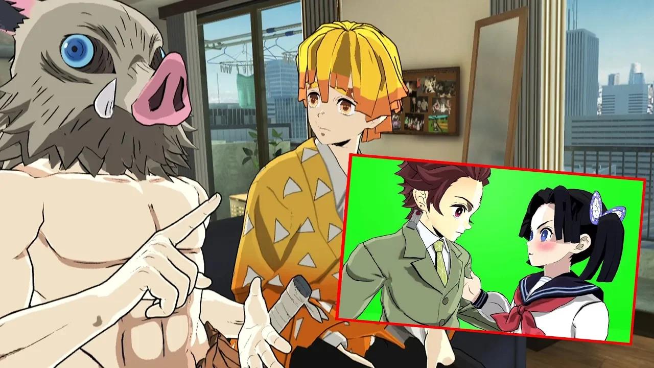 Inosuke e Zenitsu reagindo à "Aoi prefere Tanjiro ou Inosuke?" no demon slayer vr!