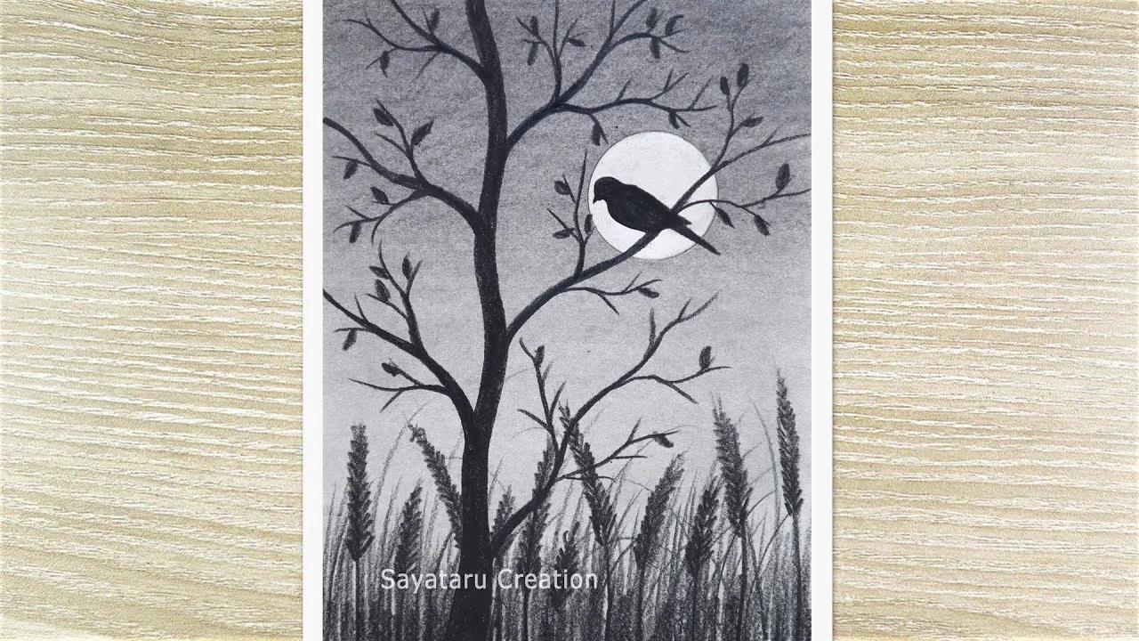 How to draw a bird sitting alone on tree, Moonlight night pencil drawing