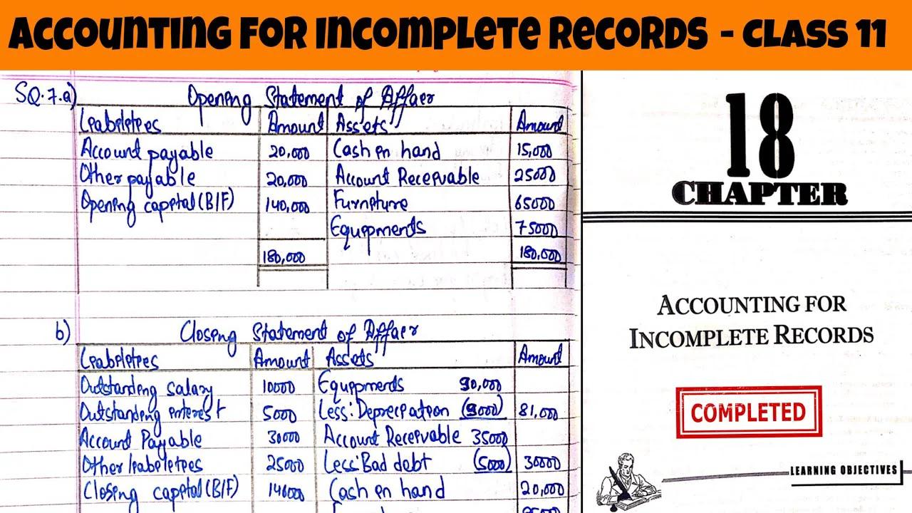 Class 11 - Accounts | Accounting for Incomplete Records Exercise Solution | Chapter 18