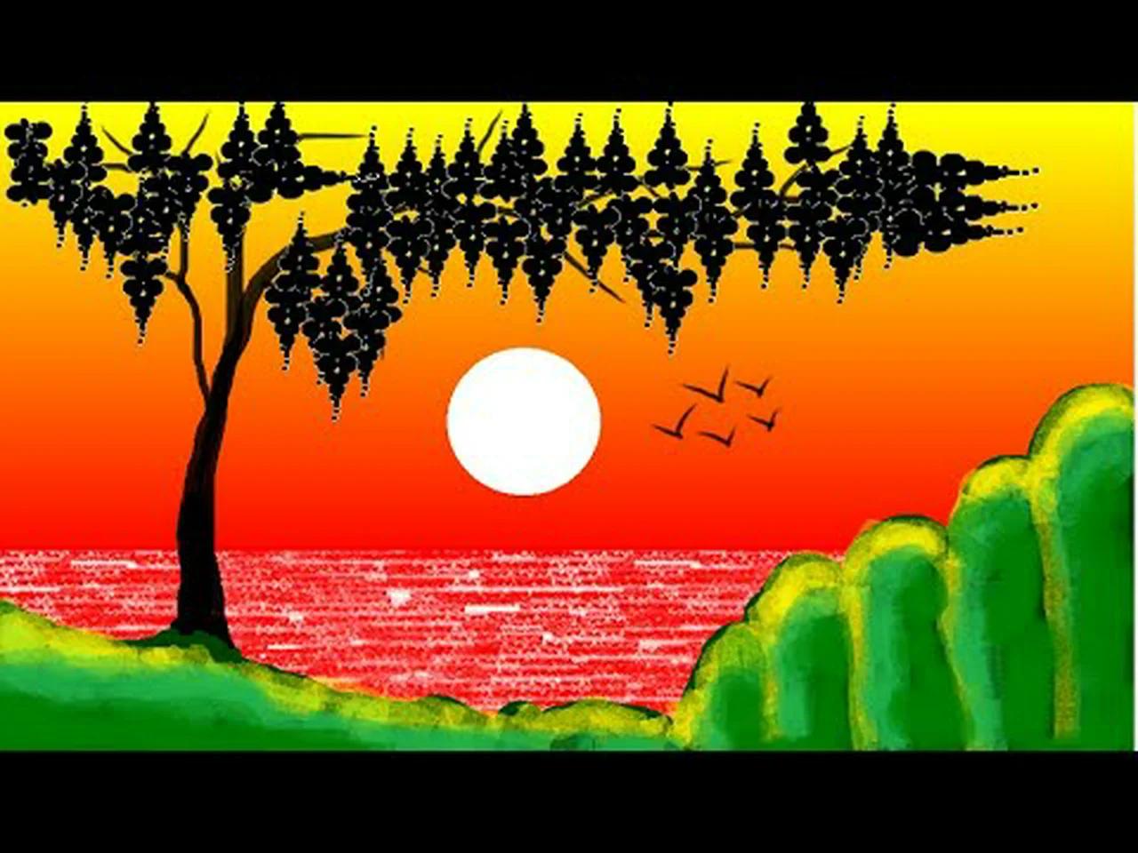 How To Draw Easy Sunset Scenery in MS Paint | Sunset Scenery Drawing On ...