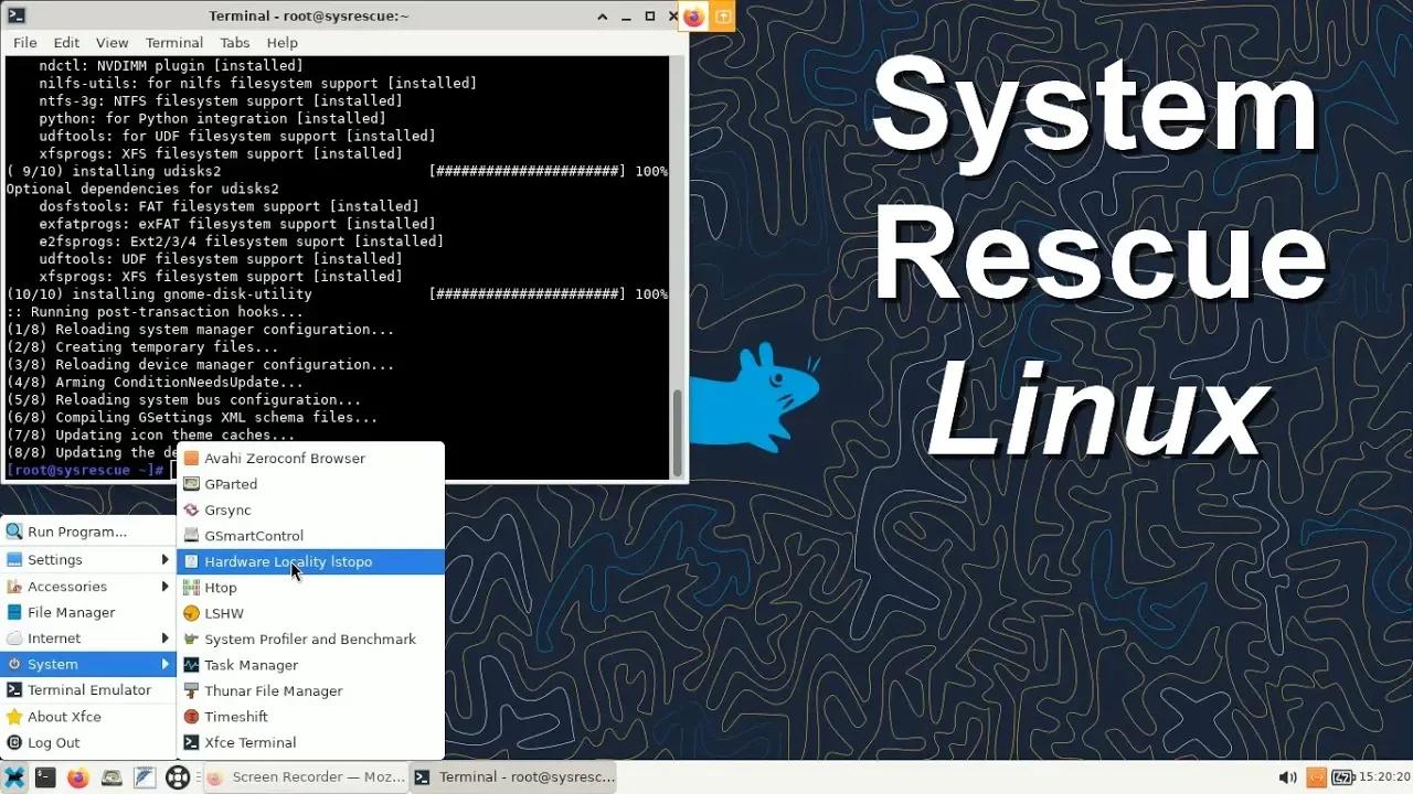 SystemRescue Linux projetado para reparar um sistema e dados após uma falha