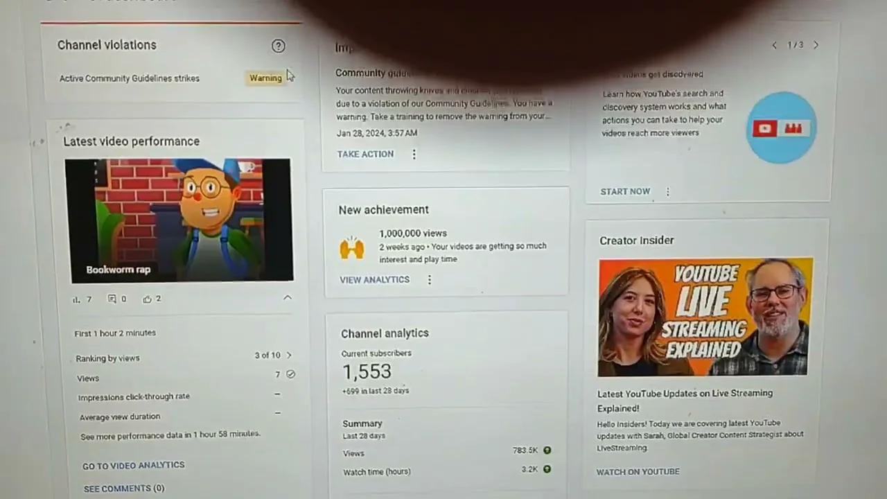 YouTube community guidelines warnings & look at studio dashboard