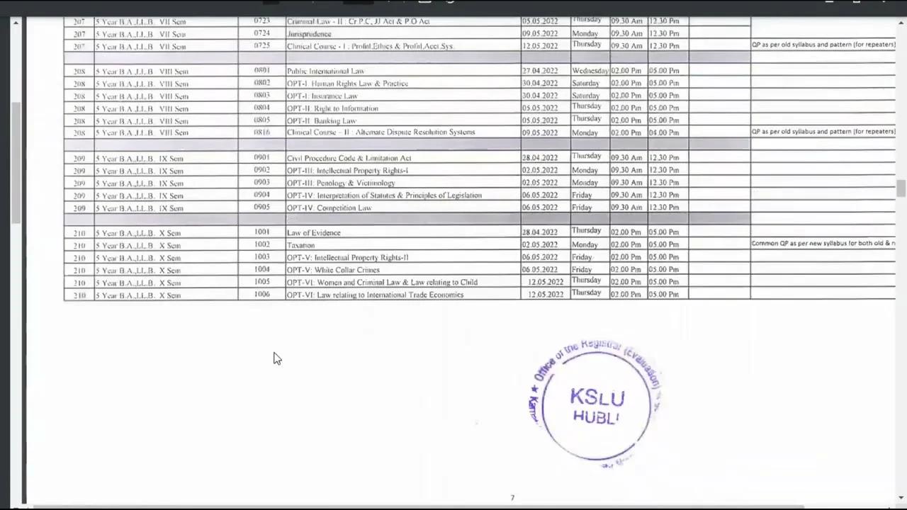 KSLU B.Com.LL.B. final time table for 5 years Law semester examination ...