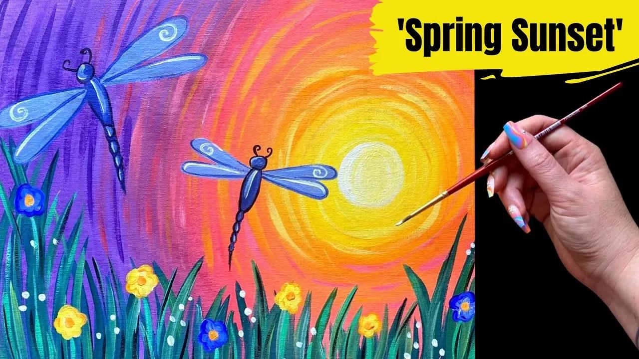 💐 EP153 'Spring Sunset' easy dragonfly springtime acrylic painting ...