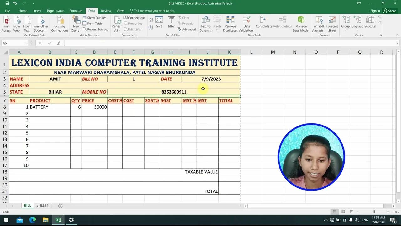 Gst Bill Format With Calculation In Ms Excel By Anju Kumari Class 11th