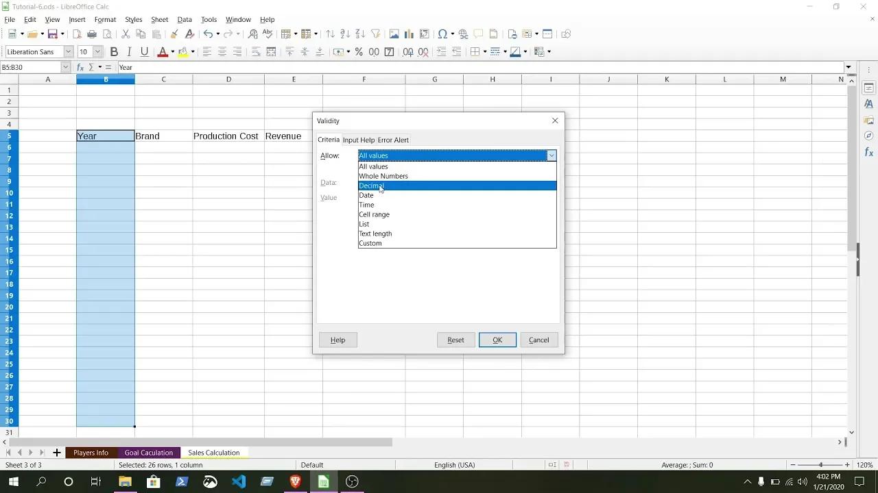 6 - Input Help / Validate Input / Data Validity | Libreoffice Calc ...