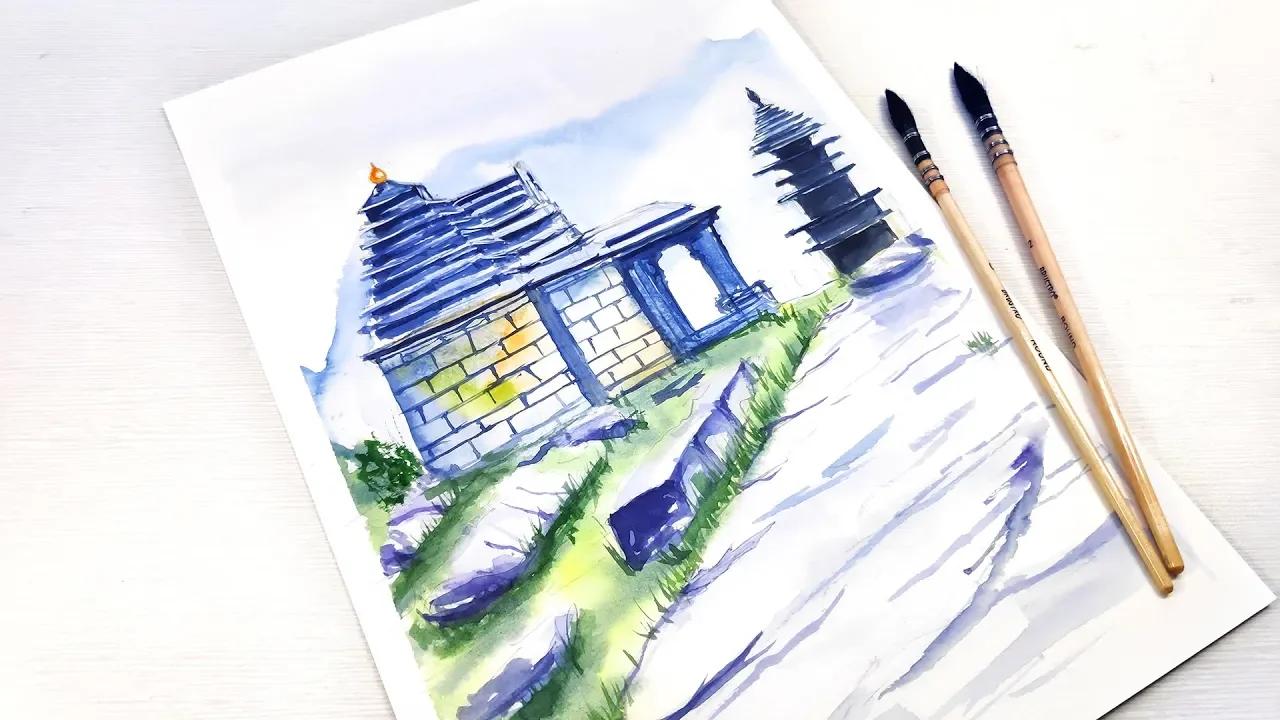 Temple Scene | Watercolor Painting For Beginners | Step by Step ...
