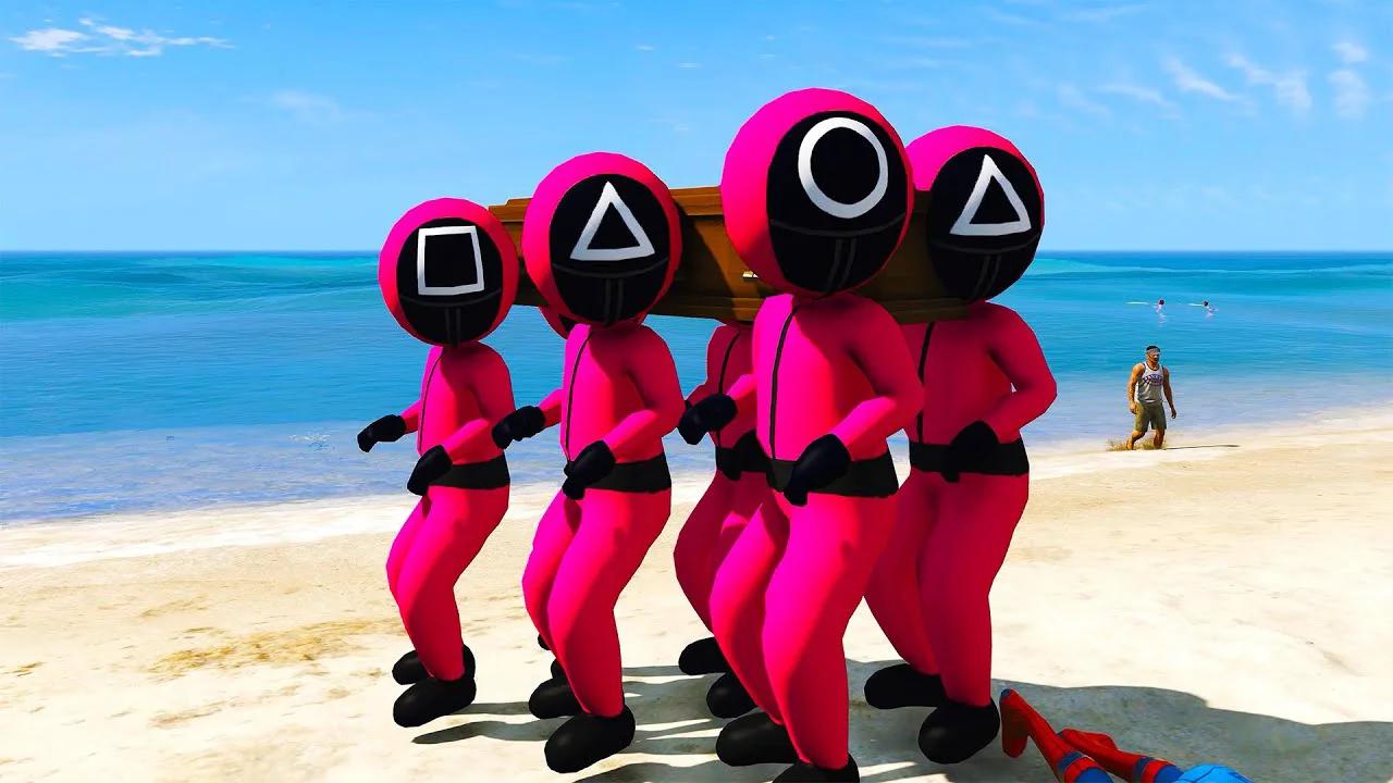 GTA 5 COFFIN DANCE WITH SQUID GAME GUARD! SPIDERMAN FUNNY FAILS ...