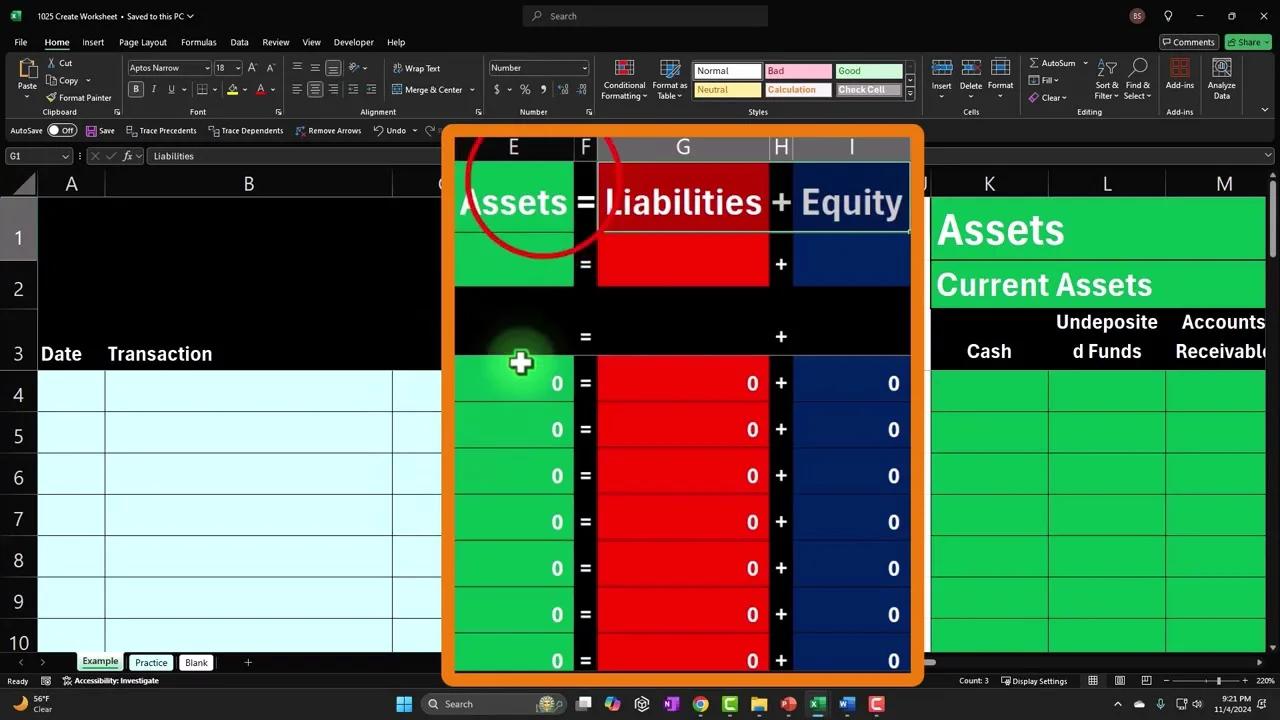 Create Worksheet 1025 Accounting Equation - Excel