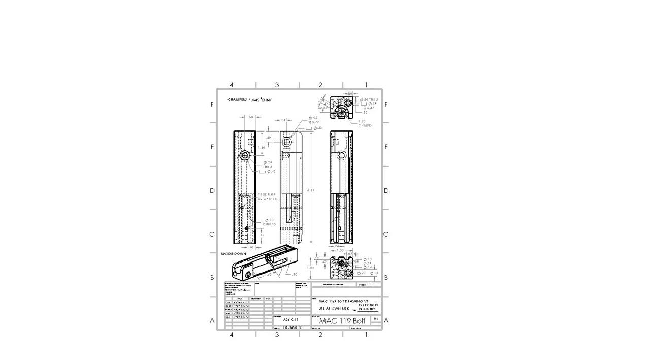 MAC 11/9 Bolt machining Drawing w/ Source CAD file