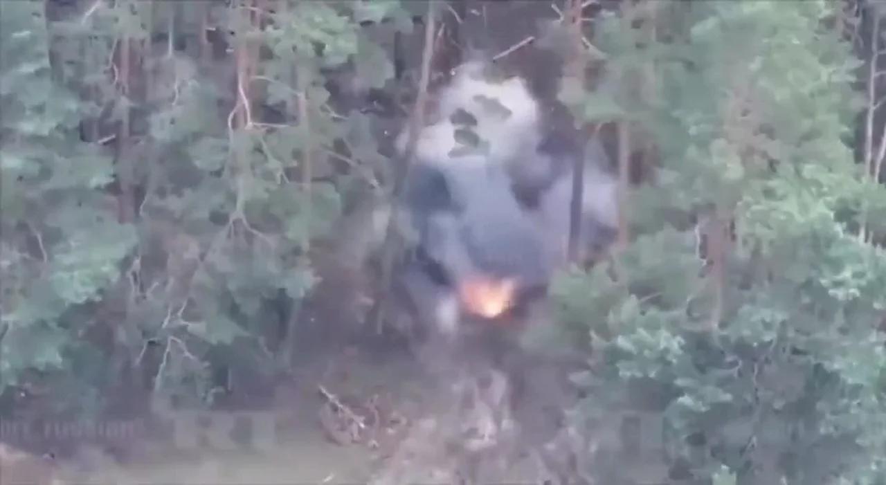 Tank hit by drone, fully burned later