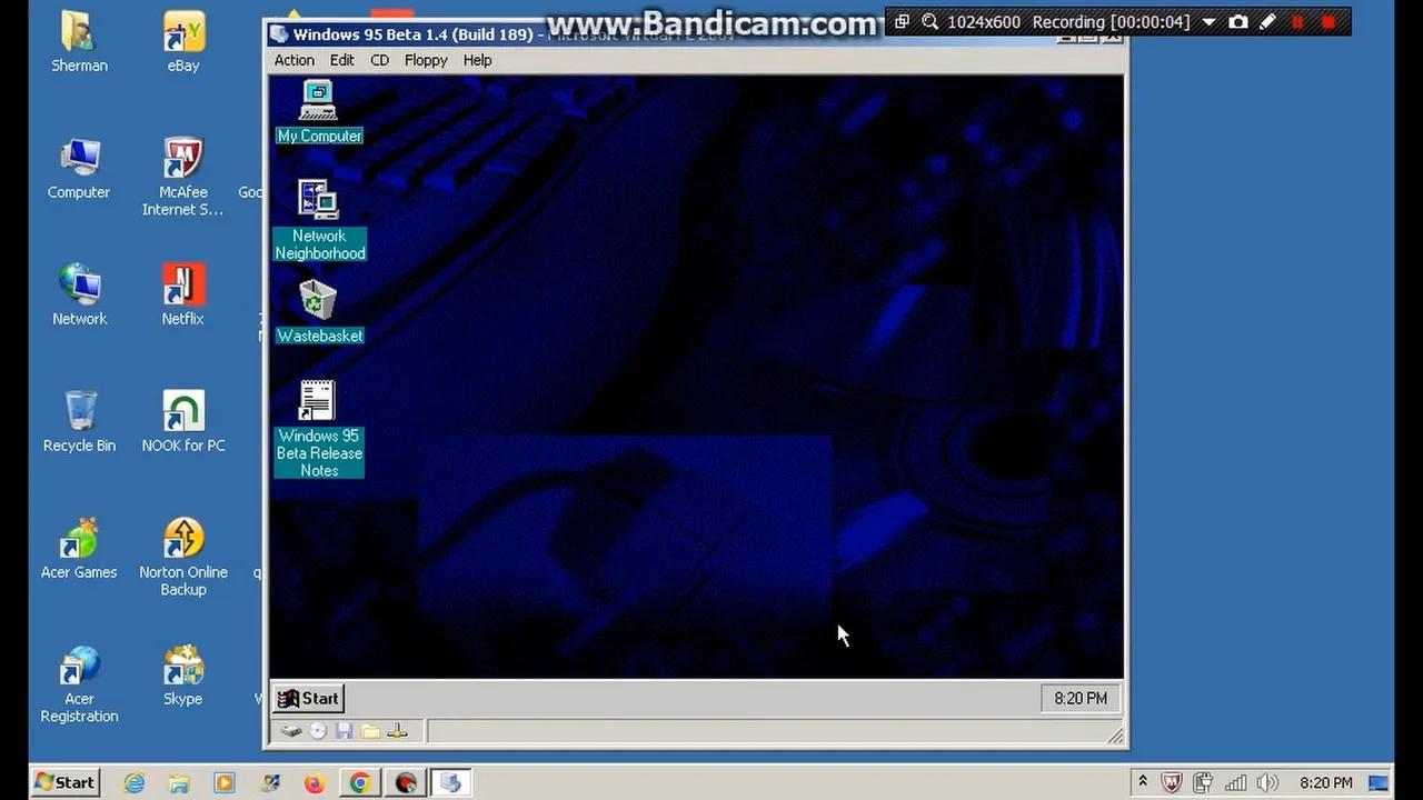Windows 95 Beta 1.4 (Build 189) in Virtual PC 2007!