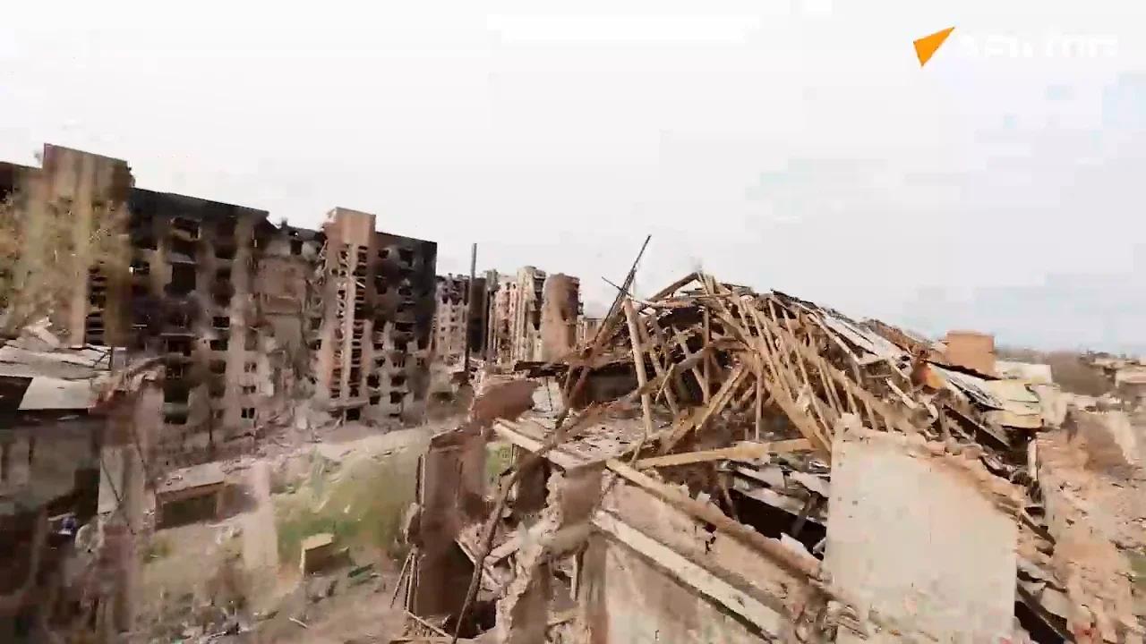 Bird’s-eye view of the aftermath of battles in the center of Artemovsk ...