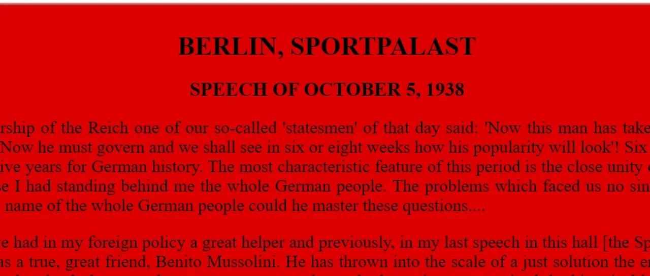 Adolf Hitler Speech Sportpalast, Berlin -October 5, 1938