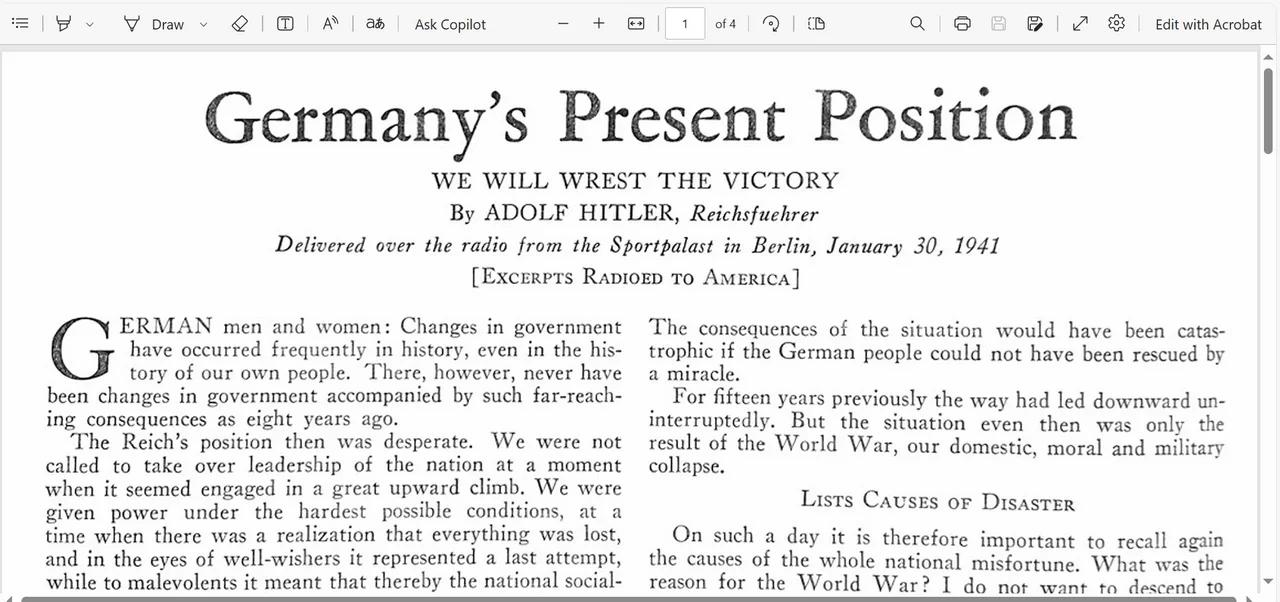 Adolf Hitler Speech – Germany's Present Position - Berlin, January 30, 1941