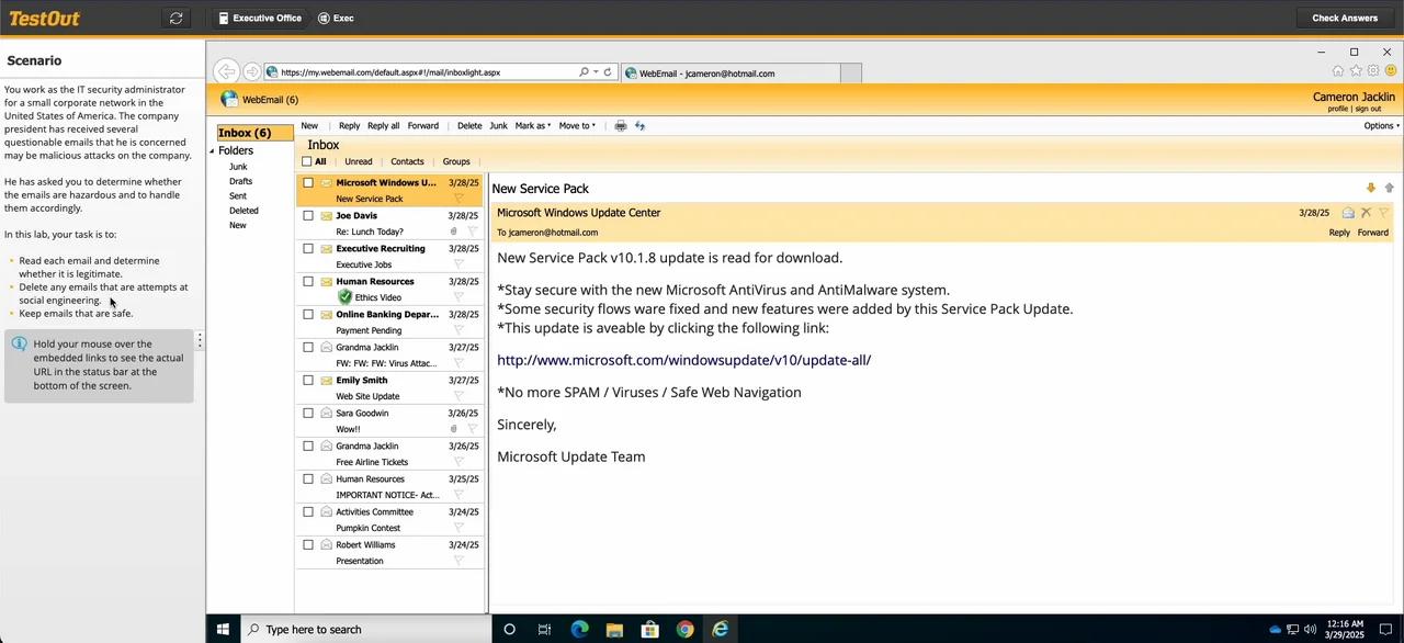 TestOut Security Pro Labs - 2.2.7 Identify Social Engineering