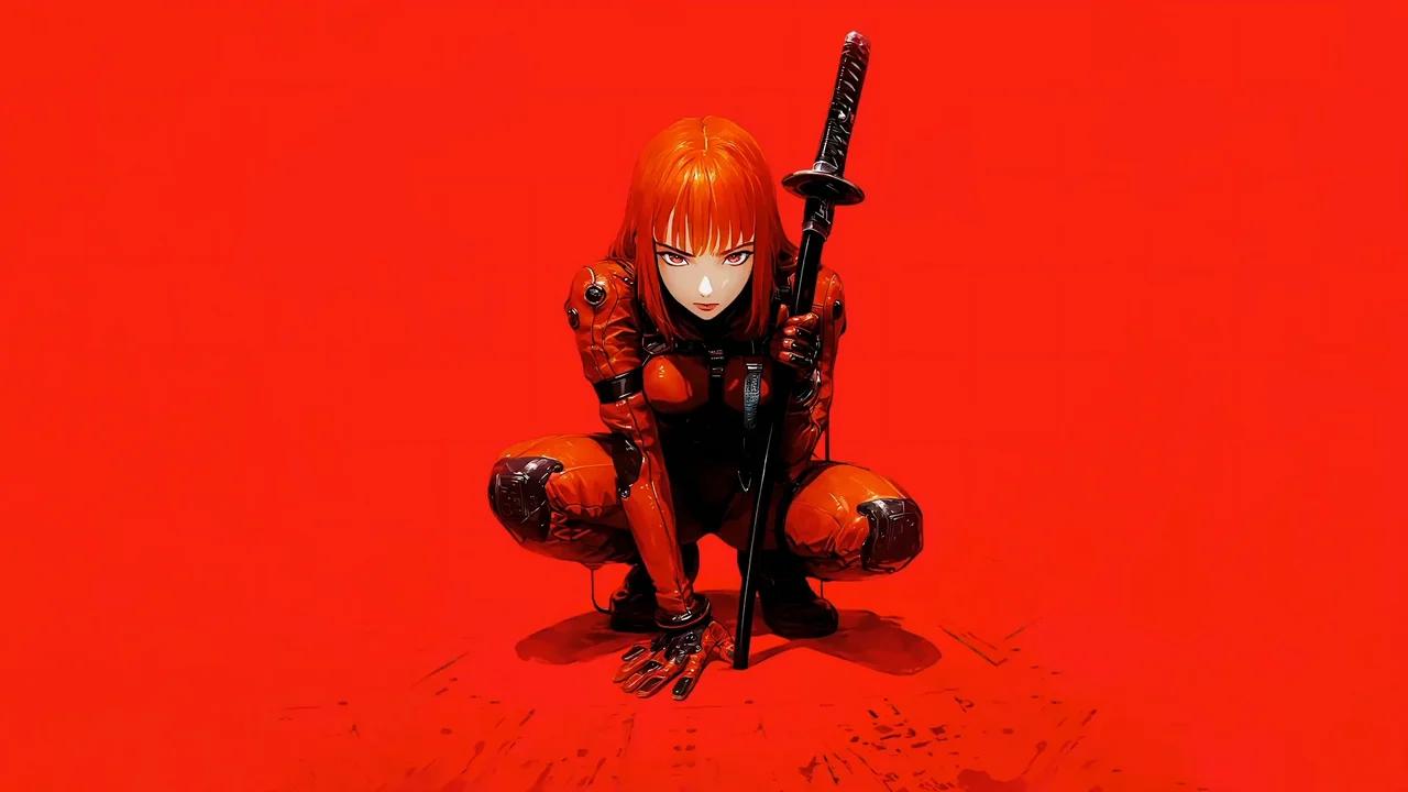 Red Haired Samurai Babe with Katana - Live Wallpaper