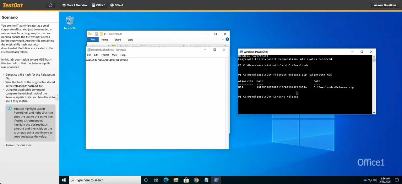 TestOut Security Pro Labs - 3.3.5 Compare an MD5 Hash