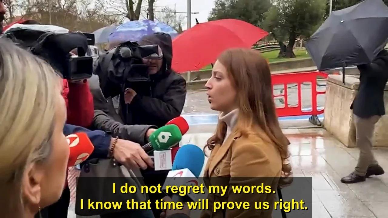 Isabel Peralta press conference outside court in Madrid, 3rd April 2025